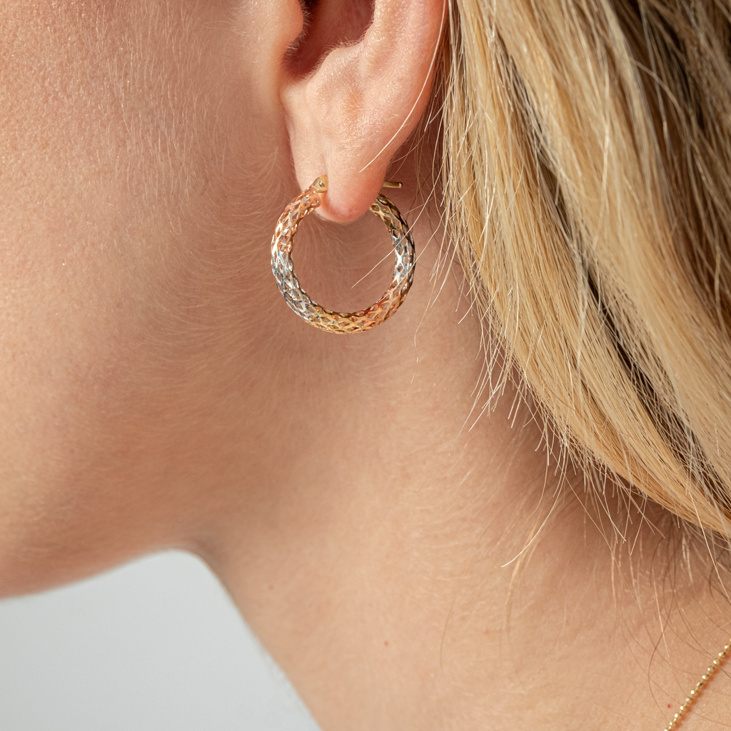 14K TRI-GOLD WOVEN HOOPS – VELINA Jewelry
